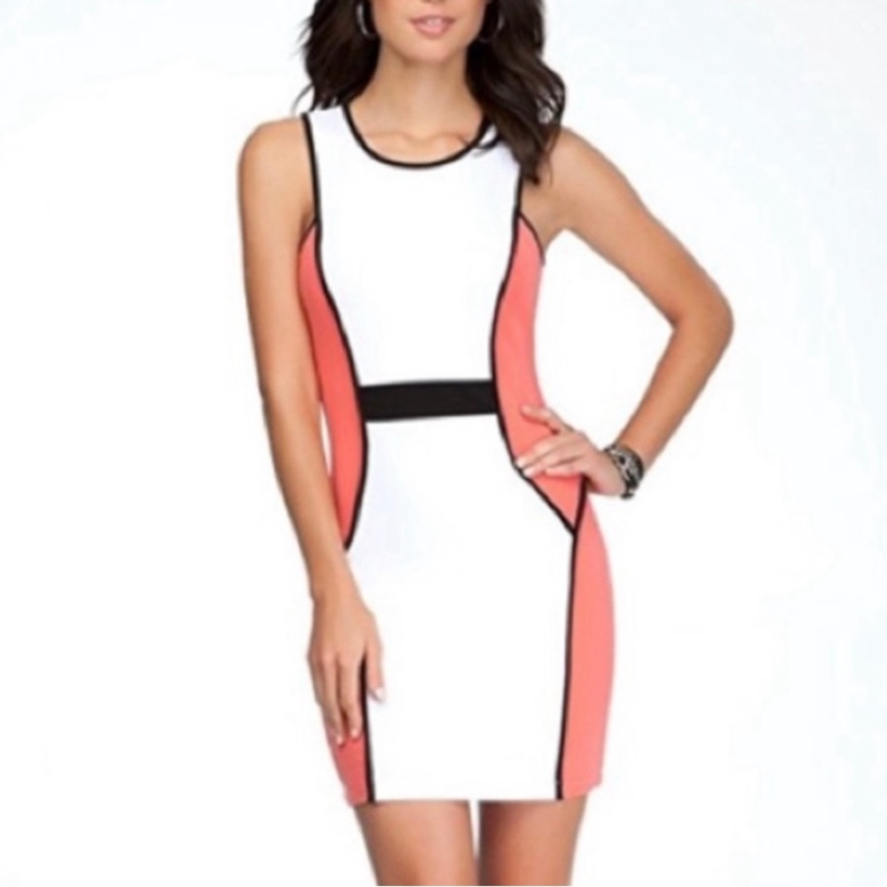 Bebe Colorblock Ponte Dress Coral White Black Xs - Gem